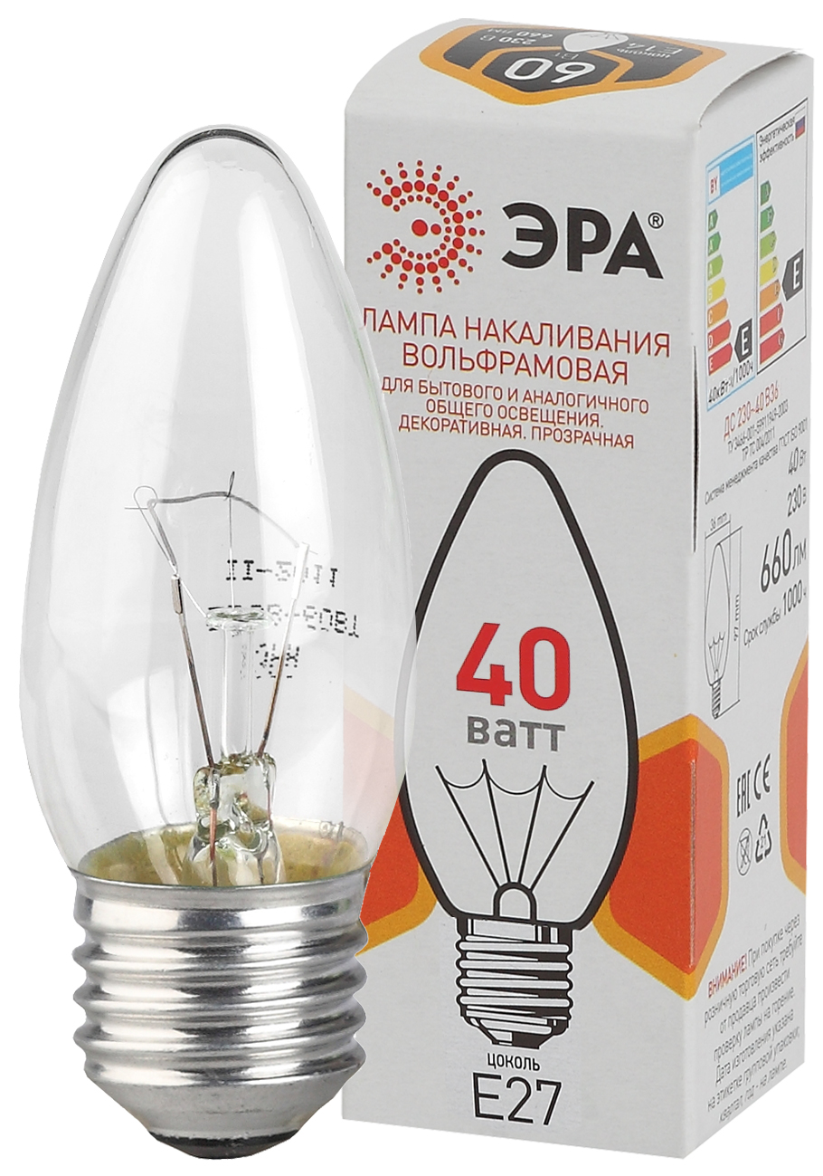 Лампочка ЭРА B36 40Вт Е27 / E27 230В свечка прозрачная цветная упаковка