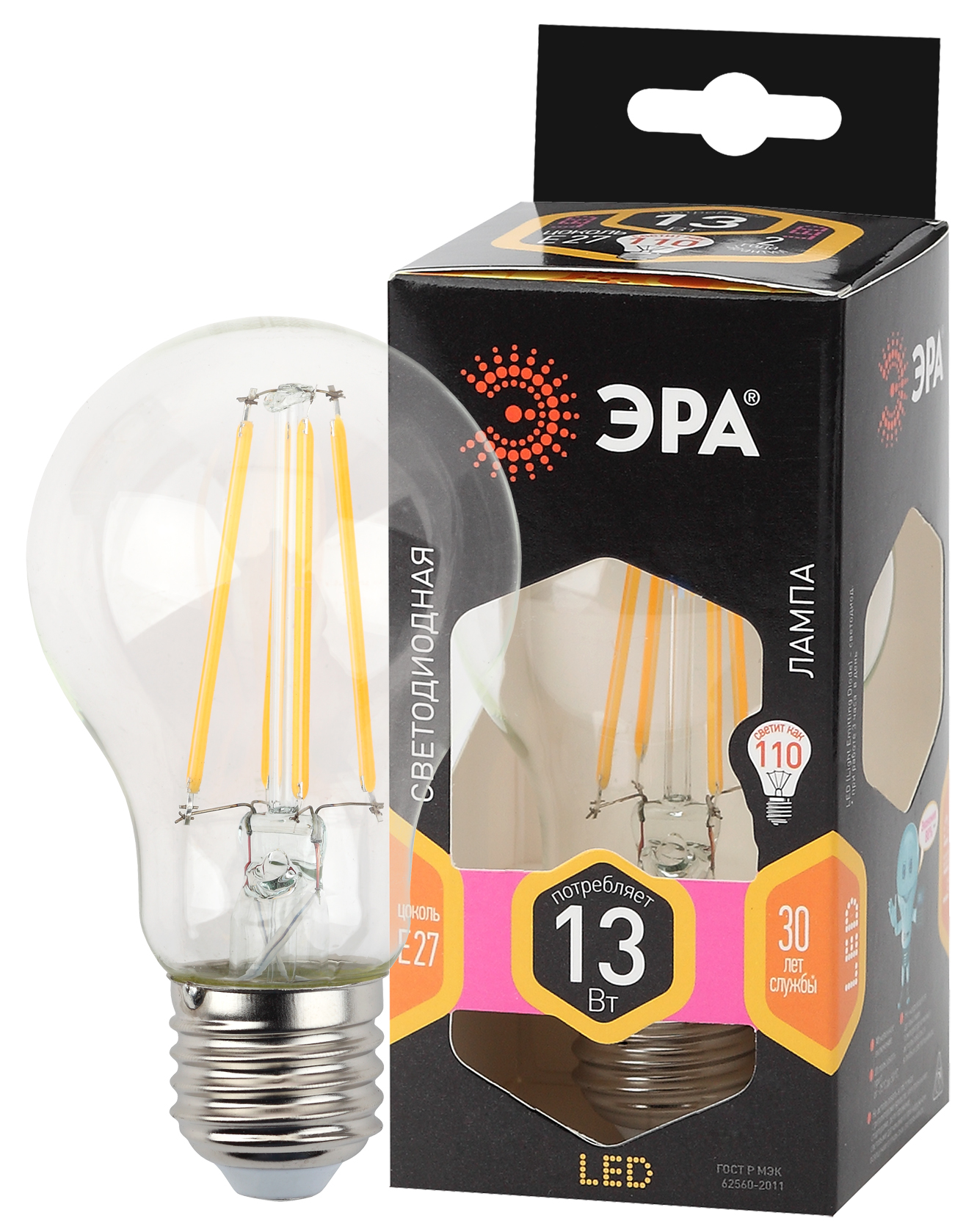 Лампочка светодиодная ЭРА F-LED A60-13W-827-E27 Е27 / Е27 13Вт филамент ...